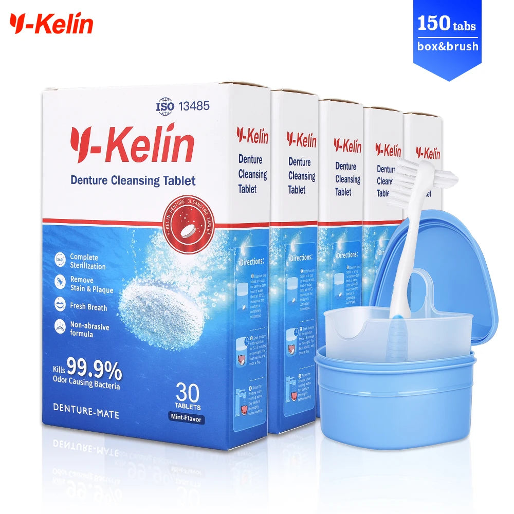 Y-Kelin Denture Cleansing Tablets 150 Tabs + Box & Brush – Soaking ...